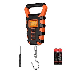 ORIA Digital Fishing Scale with Ruler, Fishing Postal Hanging Hook Scale, 110lb/50kg Waterproof Luggage Scale with Measuring Tape, Luggage Hook, Backlit LCD Display, Orange