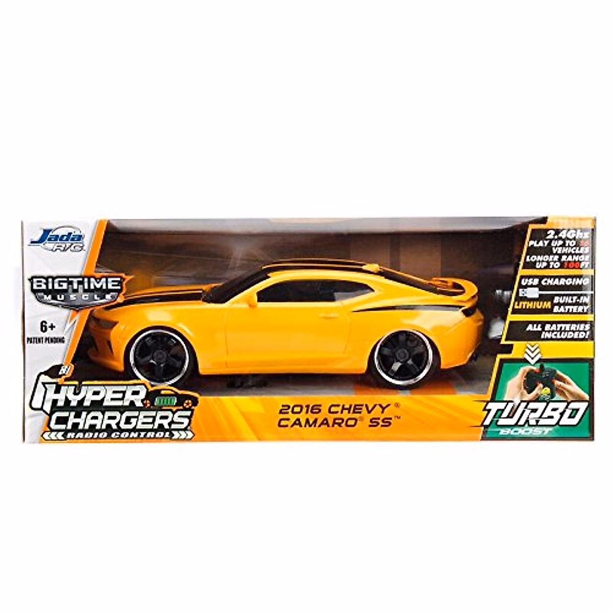Jada 98728 Toys Hyperchargers 1: 16 Big Time Muscle R/C '16 Chevy Camaro Ss Vehicle, 1/16 Scale, Yellow With Black Stripes