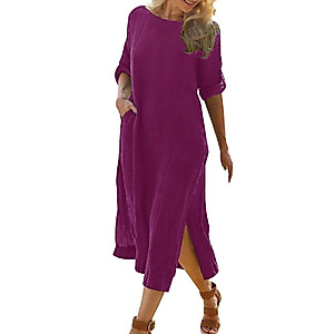 Evening Dresses for Women Elegant Women Summer Dress Round Neck Loose Elegant Cotton Linen Casual Retro Long Sleeve Hot Pink