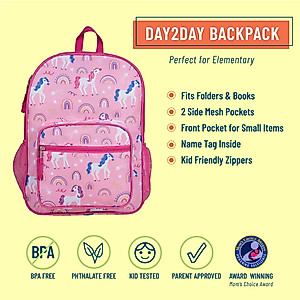 Wildkin Day2Day Kids Backpack for Boys and Girls, Perfect for Elementary Backpack for Kids, Features Front and 2 Side Mesh Pocket, Ideal Size for School and Travel Backpacks (Rainbow Unicorns)