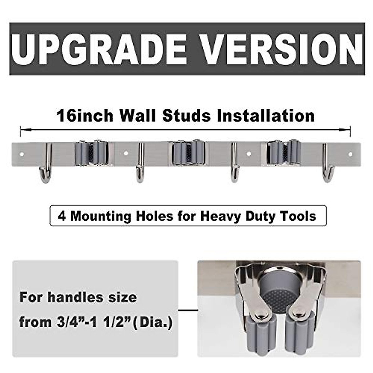 Piyl Broom Mop Holder Wall Mount Metal Tool Organizer Heavy Duty Holds Up to 30 lbs, Home Garage Garden Hooks Hanger Rack Storage 2packs