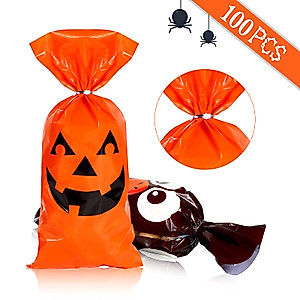 100 Pcs Thanksgiving Treat Bags 10.8'' x 5'' Pumpkin Turkey Candy Bags Fall Funny Face Cellophane Goodies Bags with 100 Twist Ties for Halloween Trick or Treat Fall Thanksgiving Party Supplies