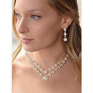 Mariell Petite Length Gold Rhinestone Crystal Necklace and Earrings Set For Brides, Choker Wedding Necklace Jewelry Set for Brides, Bridesmaids, Homecoming, Prom