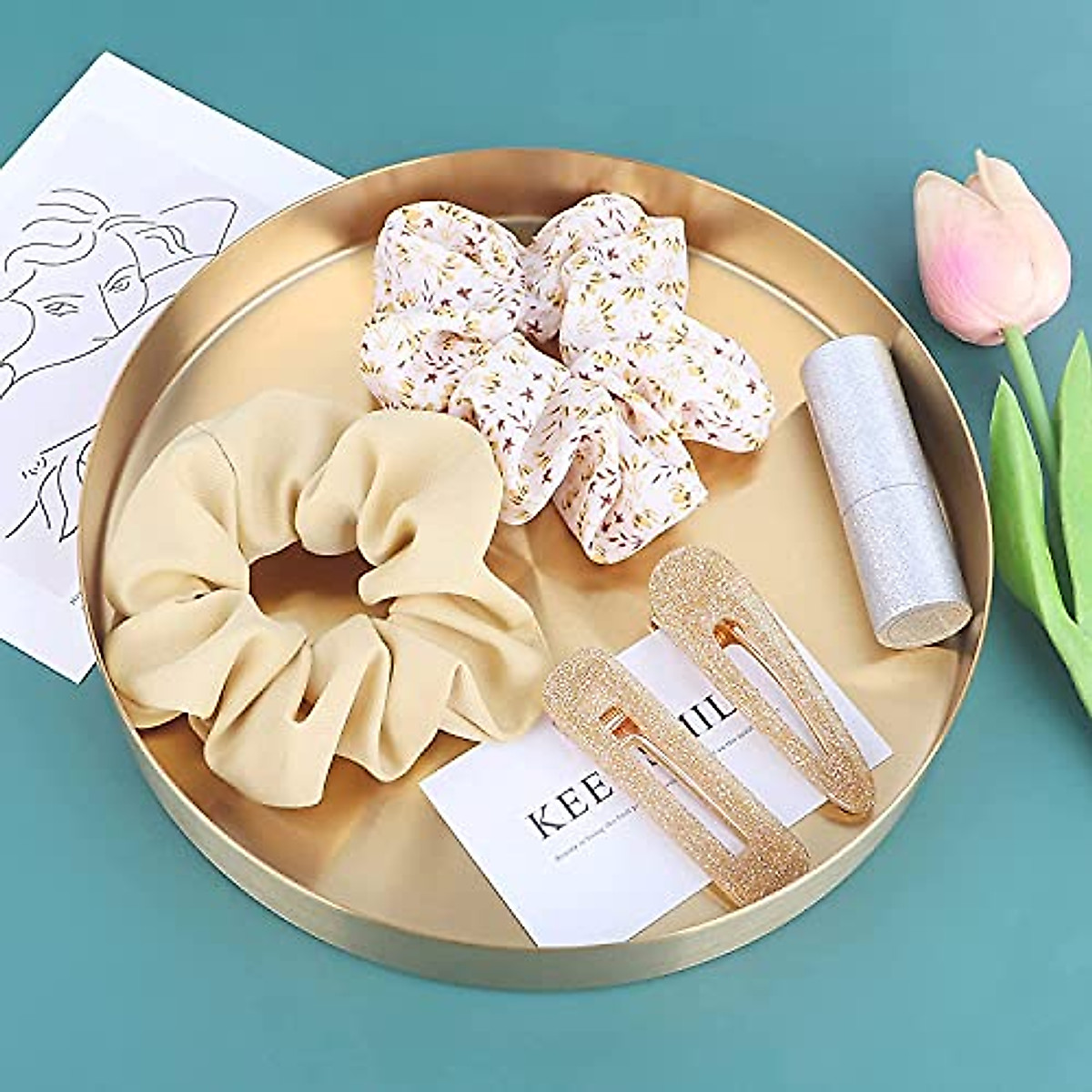 Round Gold Tray, Dedoot Decorative Tray Small - 7.8inch Stainless Steel Metal Tray Organizer Storage Organizer Vanity Trays for Jewelry Cosmetics Coffee Tea Candle, Bathroom Plate Kitchen Tableware