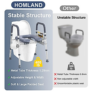 HOMLAND Toilet Seat Risers for Seniors, FSA/HSA Eligible Raised Toilet Seat with Handles & Padded Seat, Adjustable Height & Width, 400lb Handicap Elevated Toilet Seat for Elderly, Fit Any Toilet