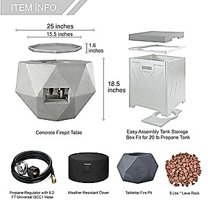 Kante 25" Concrete Propane Fire Pit Table with Assemble Tank Cover, 50,000 BTU Geometric Tray Style Lid for Outside Patio Garden,Comes Tabletop Pit, Lava Rock Light Gray (A-GF002-81904-SW01)