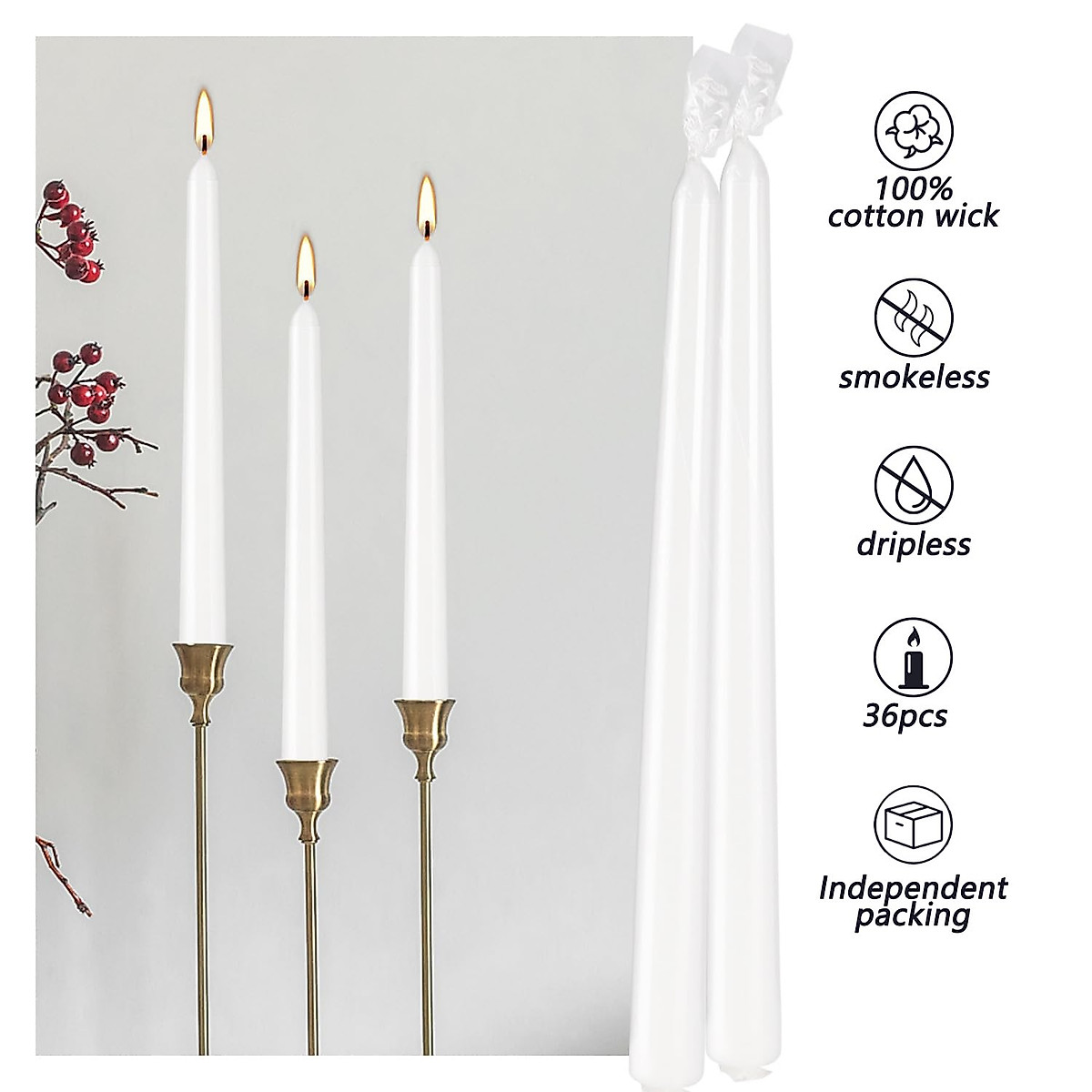 36 Pack 10 inch White Taper Candles, 7-7.5 Hour Burn Time,Unscented Dripless and Smokeless, Elegant Premium Quality Dinner Candle for Home Décor, Restaurant, Wedding, Party Candlesticks