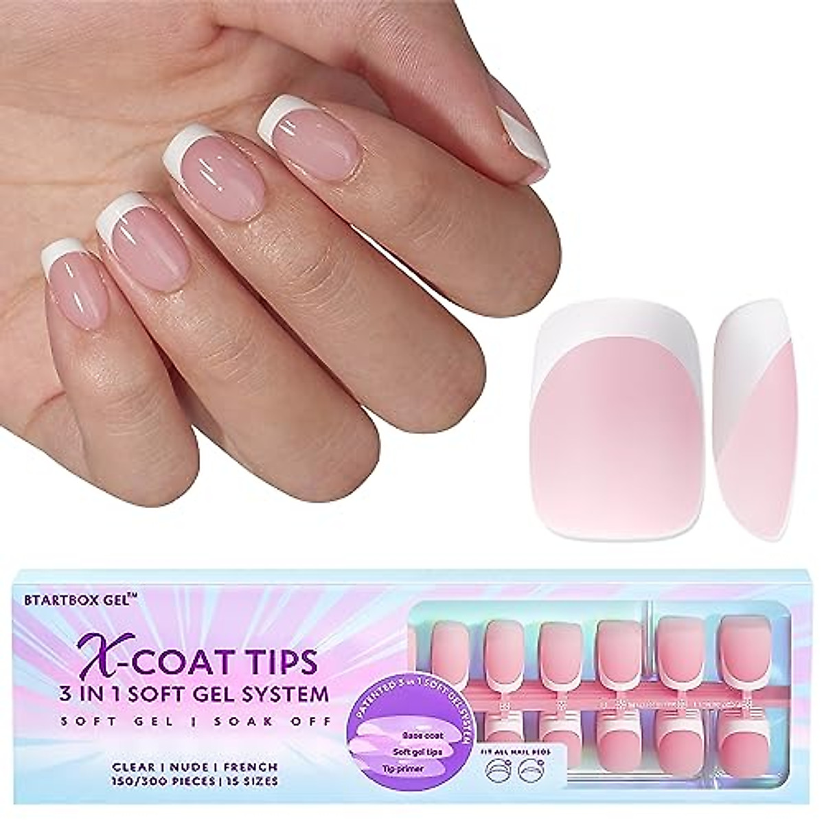 BTArtboxnails French Gel Nail Tips -150Pcs French Tip Press on Nails Pink Extra Short Square 3 in 1 X-coat Tips Pre-applied Tip Primer & Base Coat, No Need to File Fake Nails for Nail Art DIY 15 Sizes