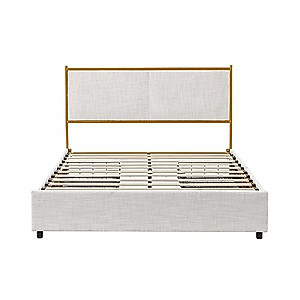 DUNTRKDU Full Size Platform Bed Frame with Metal Frame & Solid Wood Slats Support, Platform Bed Frame with 4 Storage Drawers, Sponge Soft Bag for Bedroom Small Living Room Boys Girls Room (Full)