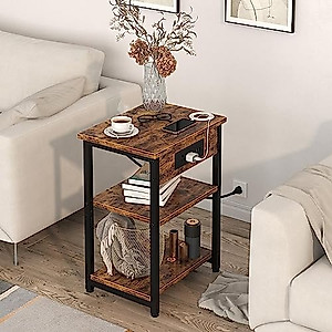 End Tables Set of 2 with Charging Station and USB Ports, 3-Tier Narrow Side Table Bedside Table with Power Outlets for Small Space Living Room Bedroom, Nightstands with Storage Shelves, Rustic Brown