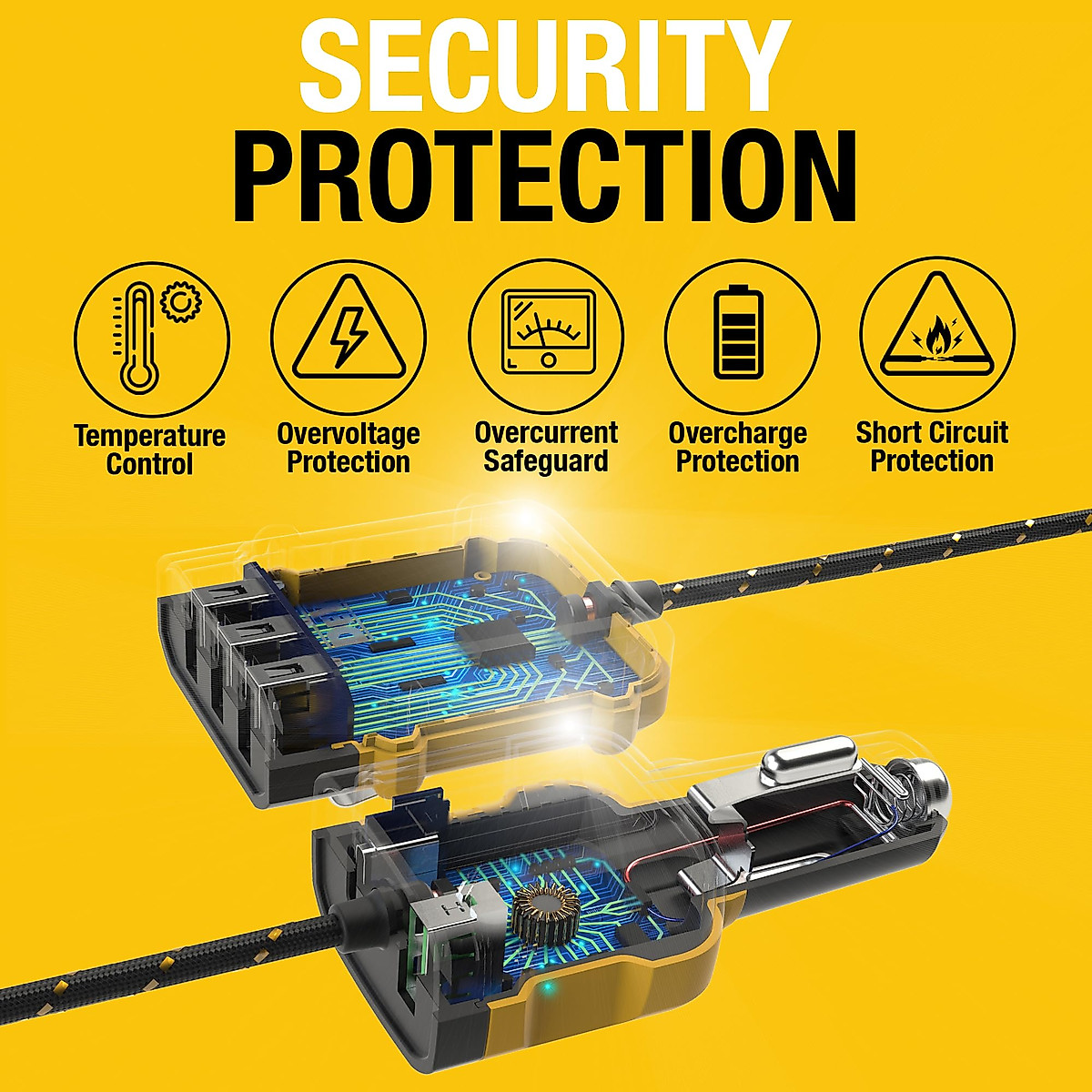 DEWALT 5-Port Front & Back Seat Mobile USB PD Car Charger, 72W Car Charger Adapter, USB Car Charger for Multiple Devices, Cigarette Lighter Adapter USB Charger with Cable for Back Seat Charging