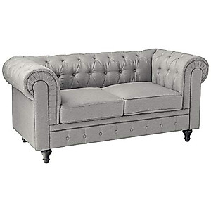 Container Furniture Direct Grace Collection Chesterfield Button Tufted Bonded Leather Living Room Loveseat, Grey