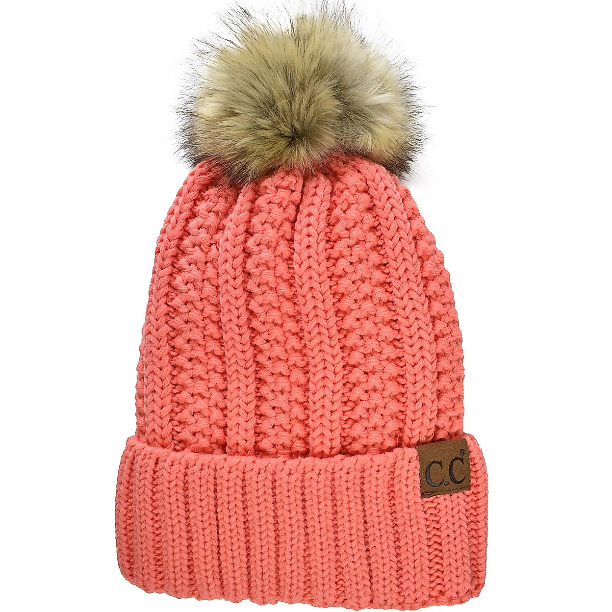 C.C Thick Cable Knit Faux Fuzzy Fur Pom Fleece Lined Skull Cap Cuff Beanie, Coral