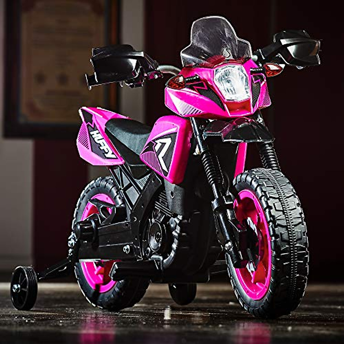 Huffy 6V Kids Electric Battery-Powered Ride-On Motorcycle Bike Toy w/Training Wheels, Engine Sounds, Charger - Pink, 17078P