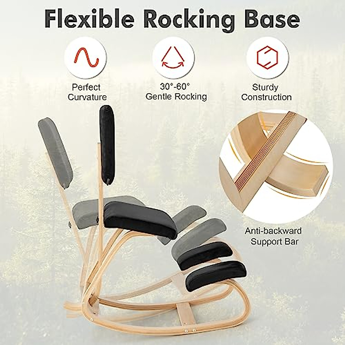 Julimoon Ergonomic Kneeling Chair, Posture Stool with Backrest & Cushion, Comfortable Kneeling Stool with Load 300 Lbs, Rocking Stool with Solid Wood Frame, Ergo Rocking Kneel Chair for Home Office