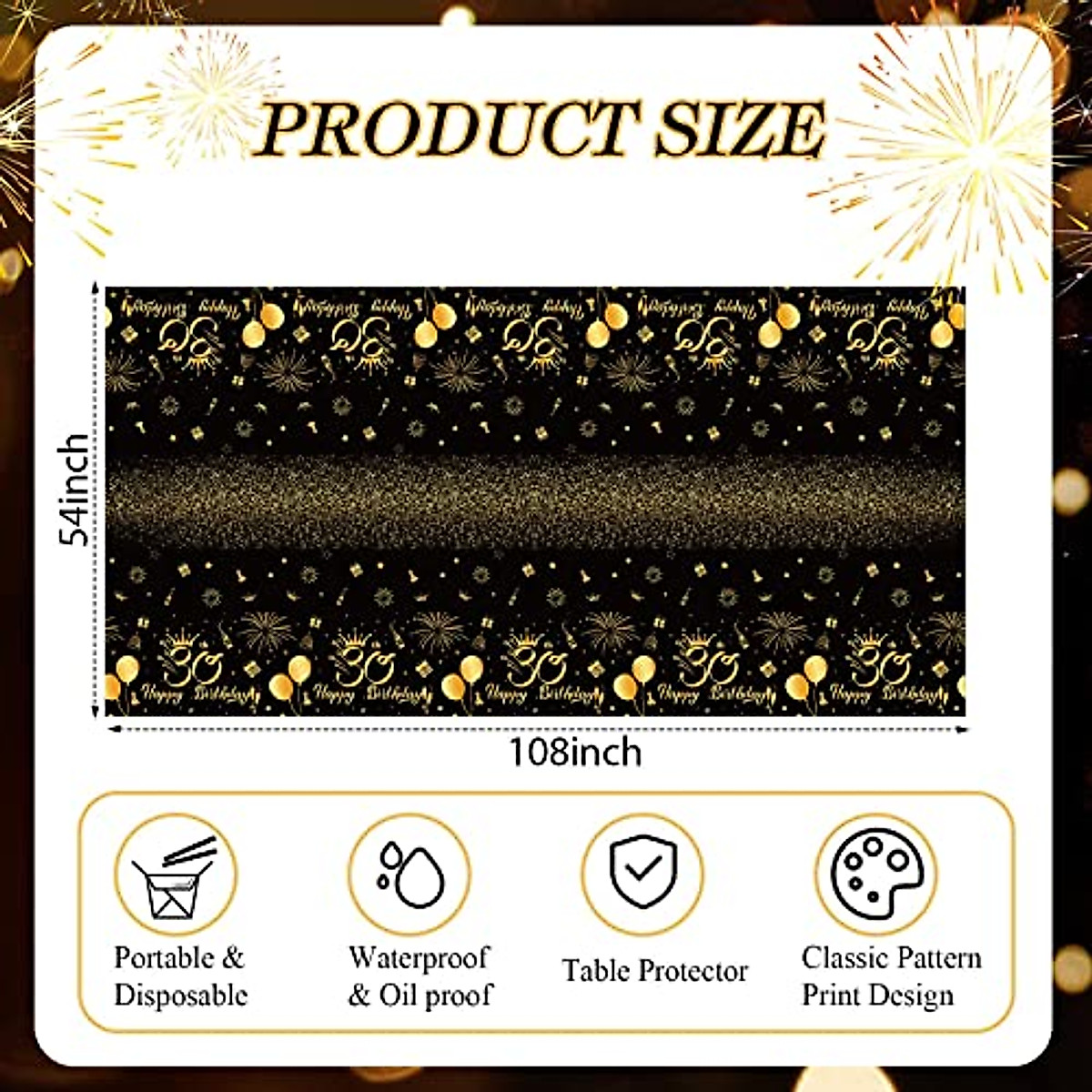 3 Pack 30th Happy Birthday Tablecloth Disposable Plastic 30th Birthday Table Cover Rectangular Black and Gold Table Cloths for Parties Decoration Supply for Men Women Birthday, 54 x 108 Inch(30th)