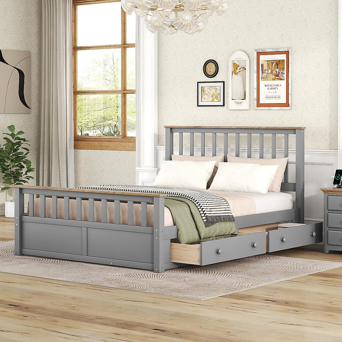 Queen Size Country Style Wooden Platform Bed Frames with 2 Storage Drawers, Modern Platform Bed with Headboard/Footboard, Noise-Free for Bedroom Boys Girls Adults Teens, Solid Wood Slat Support(Gray)
