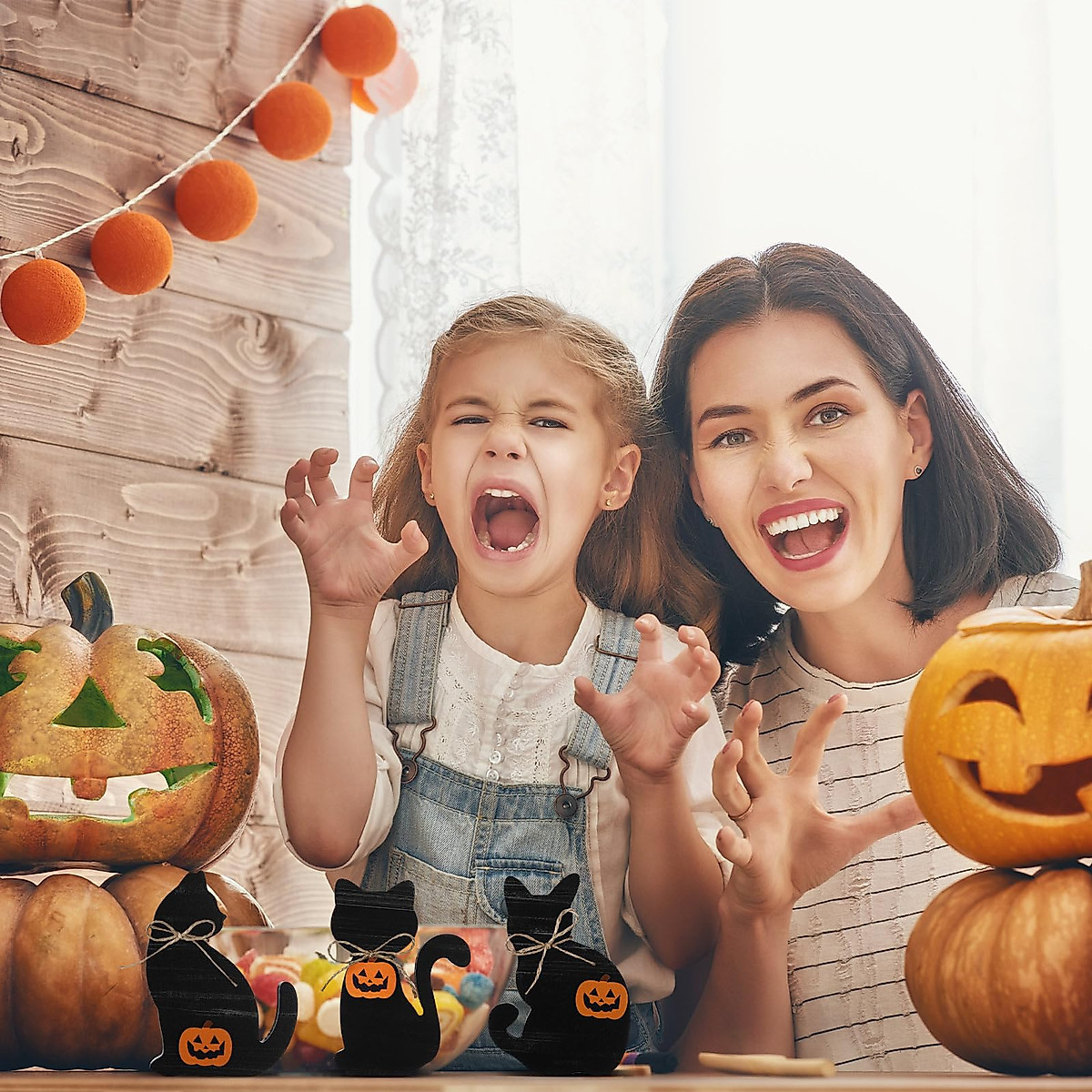 Redbaker 3 Pieces Halloween Black Cat Table Decor Black Cat Tabletop Block Sign Halloween Tiered Tray Decor Rustic Farmhouse Centerpieces for Home Shelf Party supplies