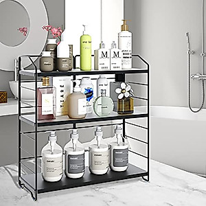 BOIVSHI 3-Tier Bathroom Countertop Organizer, 8-levels Height Adjustable Bathroom Counter Organizer Storage Shelf for Bathroom Kitchen Spice Rack Vanity Tray Cosmetic Storage Holder, Metal Black