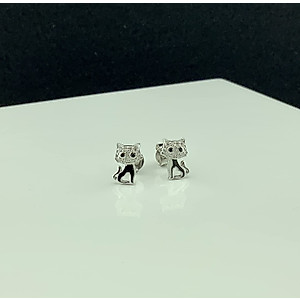 Rhodium Plated Sterling Silver Cubic Zirconia Cat Womens Earrings, Comes Gift Ready, Unique gifts for Women Tiny cartilage earrings Silver Second Tiny Studs for Girls - 9mm
