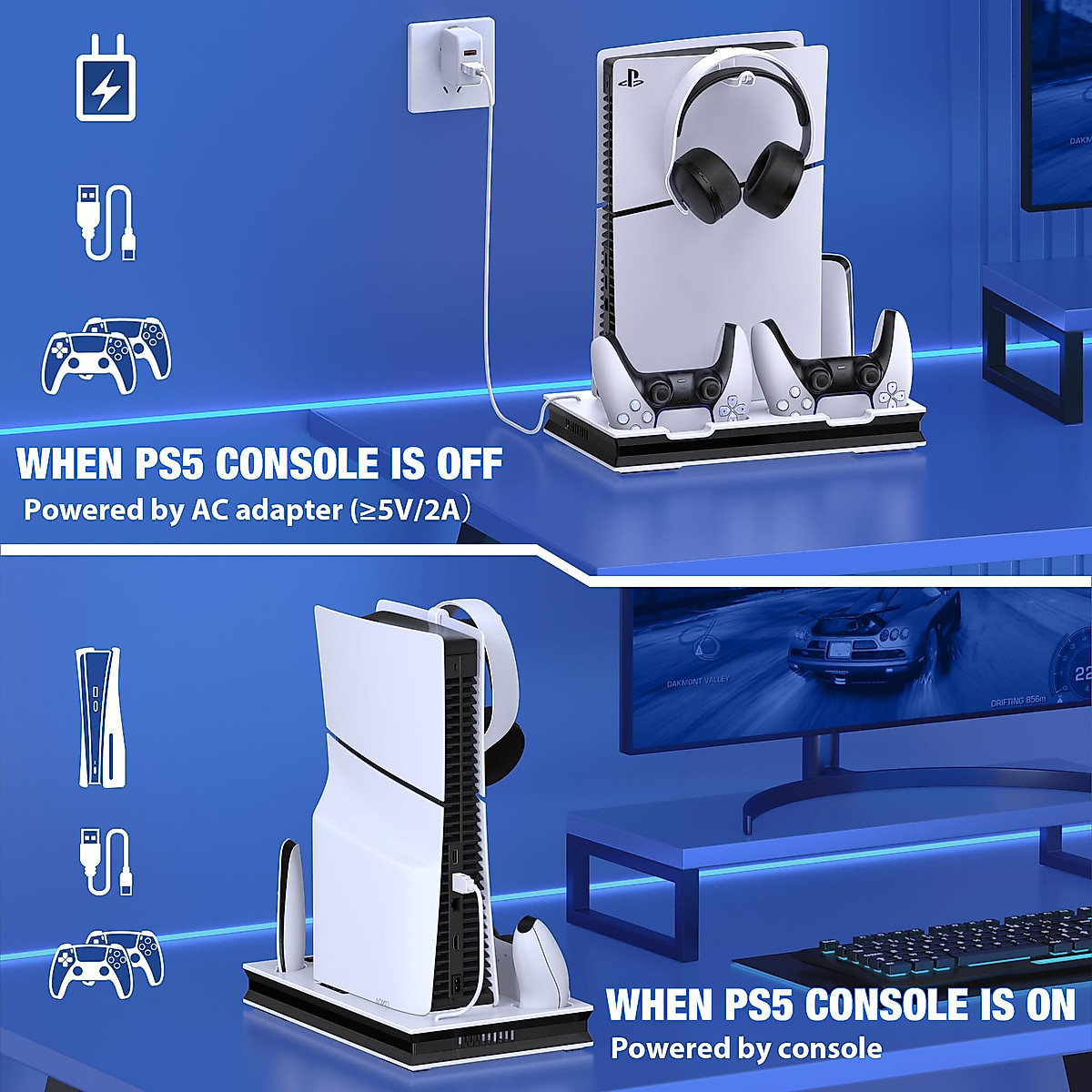 2023 New PS5 Slim Stand and Cooling Station with Dual Controller Charging for Playstation 5 Slim Digital Disc Edition, PS5 Console Accessories Vertical Stand with Headset Holder, 3 USB Hub, Cable