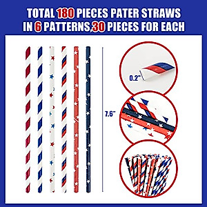 Cieovo 180 Pcs Independence Day Paper Straw - 4th of July Mixed Star Stripe Drinking Straw for Memorial Patriotic Day Party Celebration Supply