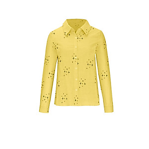 Women's V Neck Button Down Shirt Cotton Linen Long Sleeve Casual Collared Work Blouses Top Vintage Print Outerwear Yellow