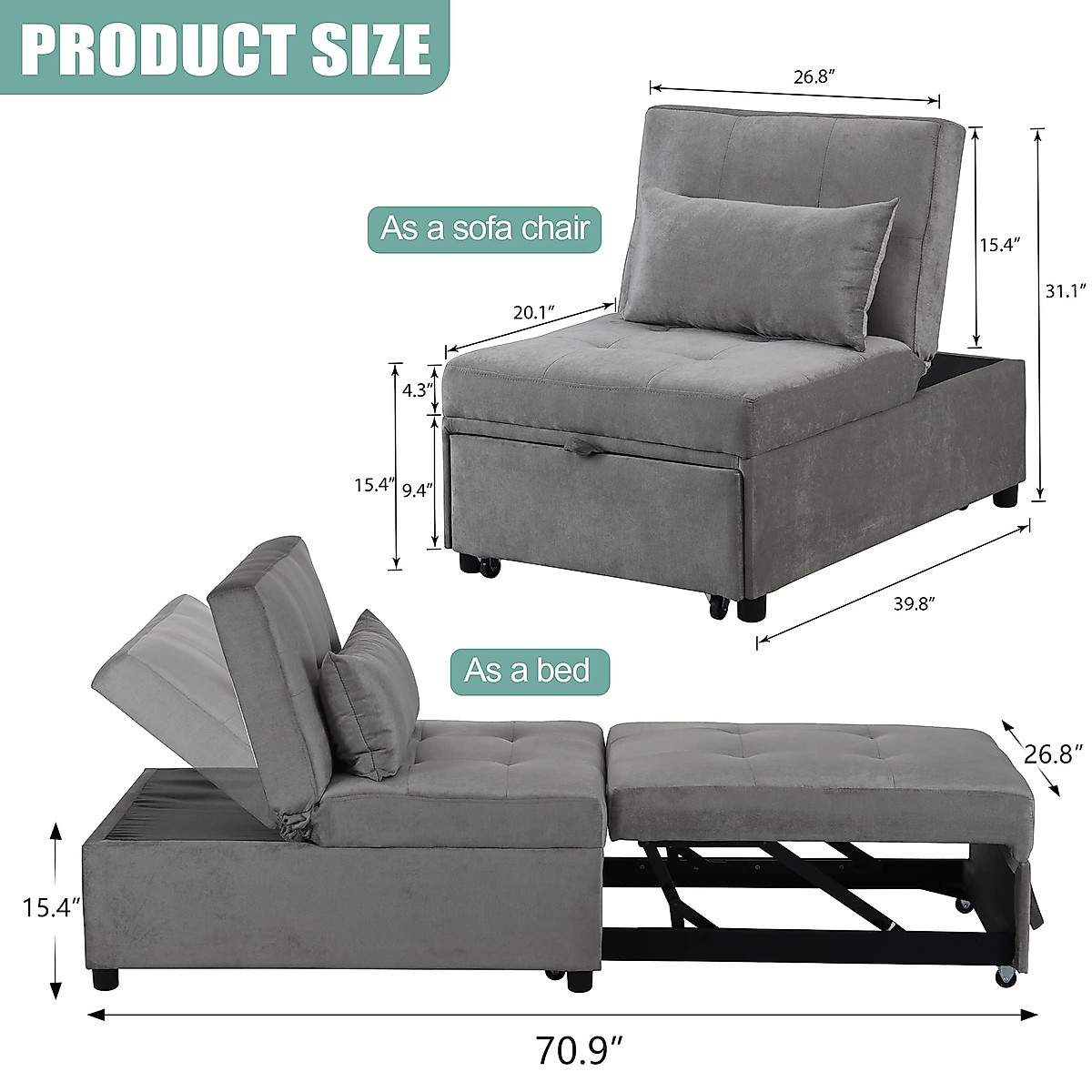 GEEVIVO Sleeper Chair Bed, Convertible Chair Bed 4 in 1 Multi-Function Folding Ottoman Bed Sofa Bed Modern Linen Fabric with Adjustable Backrest for Living Room/Small Apartment