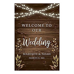 Andaz Press Personalized Extra Large Wedding Easel Board Party Sign, 12x18-inch, Rustic Wood with Hanging Ball Lights and Florals, Welcome to Our Wedding Bride Groom Name Date, 1-Pack, Custom