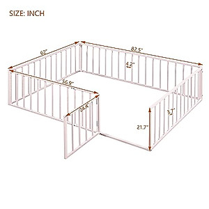 DNYN Queen Size Metal Floor Bed Frame with Door for Kids Bedroom,Metal Struture Bedframe w/Fence,No Box Spring Needed,82.5"x 62"x 21.7"H, Pink