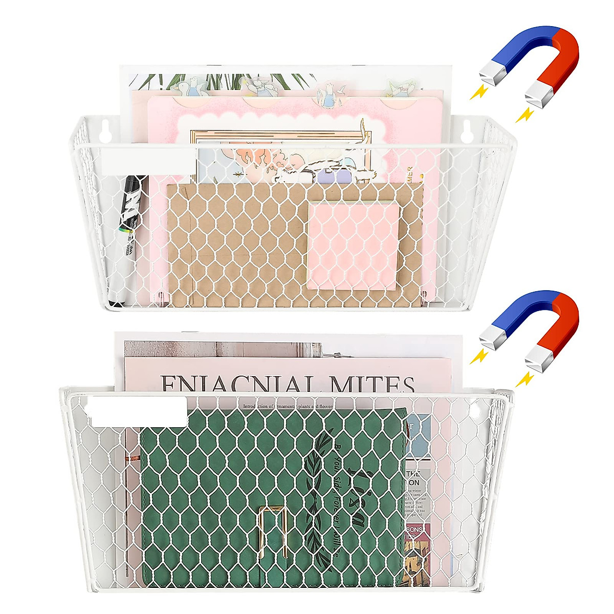 Magnetic File Holder for File Cabinets,1-Tier No Drilling Durable Magnetic Paper Holder, White Mesh Magnetic File Organizer for Refrigerator, Magazine Organizer, Writing Label Included (2 packs)