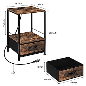 Nightstands for Bedrooms Set of 2 Night Stand with Charging Station End Side Table with Power Outlets for Living Room End Table with Drawer Storage Small Bedside Tables for Small Spaces, Rustic Brown