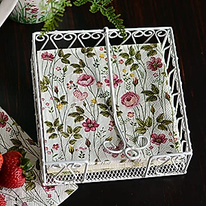 French Country Style Flat Napkin Holder with Flip Bar, Metal, Arabesque Details, Shabby White Finish, 7 x 7 Inches