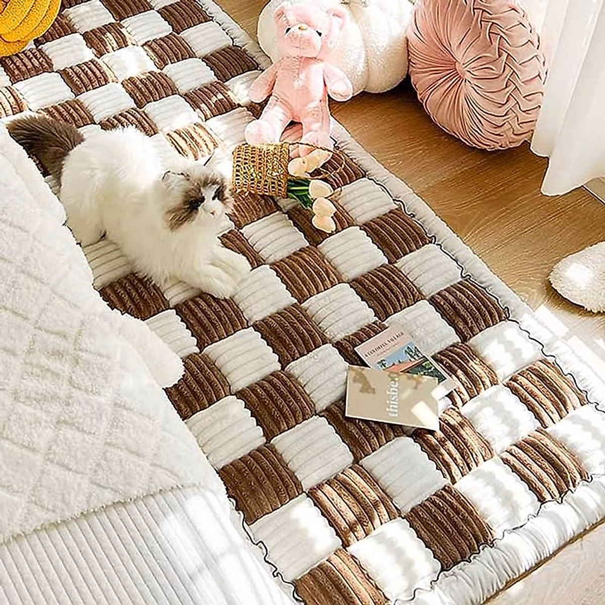 HEZITO Cream-Coloured Large Plaid Square Pet Mat Bed Couch Cover, Couch Covers for Pets, Garden Chic Cotton Protective Couch Cover for Floor Pet Garden Chic Couch Cover (27.6x82.7 in, Brown)