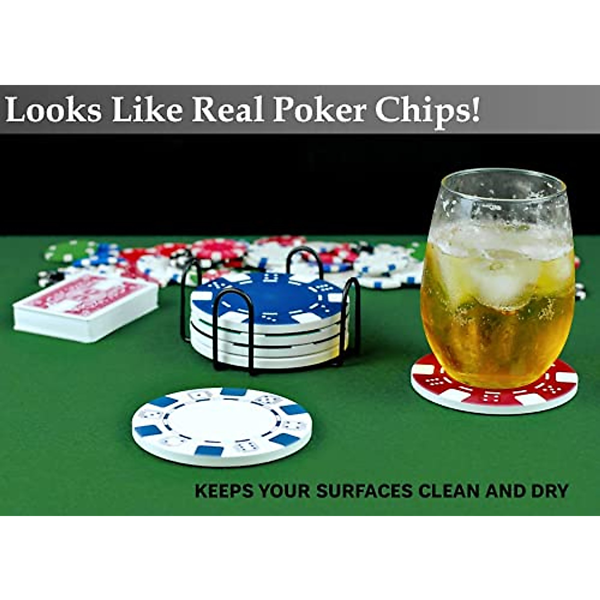 PANCHH Man Cave Coasters with Holder for Drinks & Manly Decor - Cool Kitchen Stuff, Best Housewarming & Birthday Gifts for Men, Guys, Male Best Friend – Casino Theme, Fun Poker Coasters- Home Bar