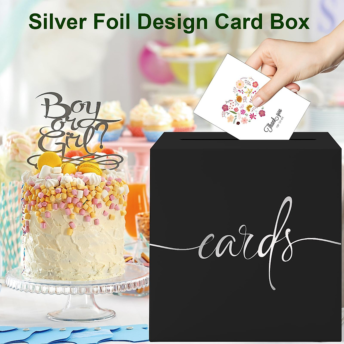 Black Card Box with Silver Foil Design Wedding Card Box Gift Cards Receiving Box for Party Graduation Bridal or Baby Showers, Raffle Ticket Box Money Box for Birthday Retirements Anniversaries