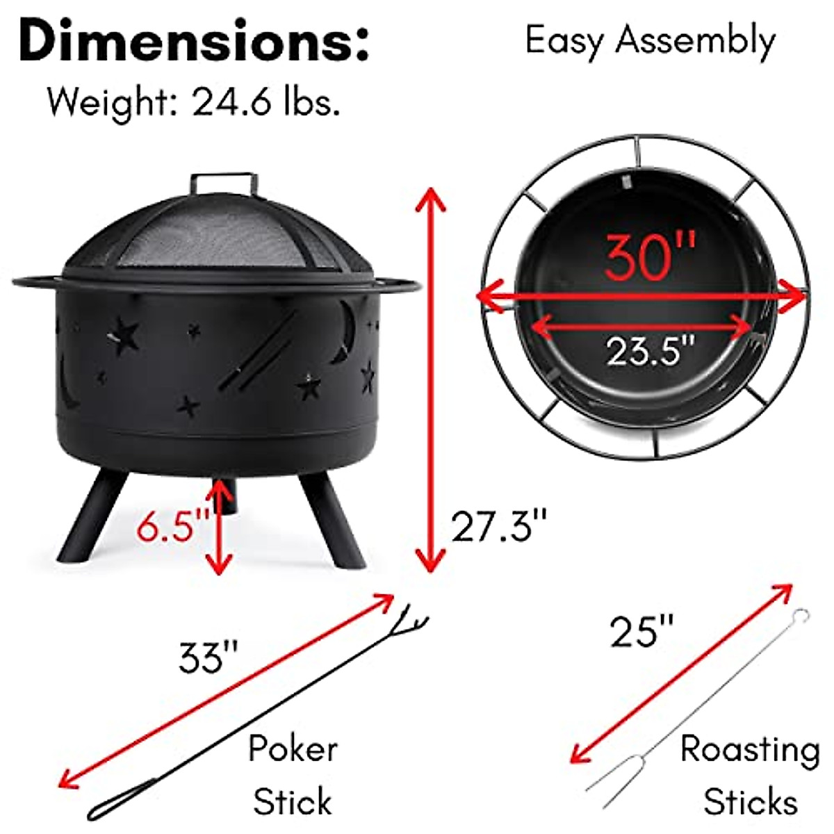 BIRDROCK HOME 30" Round Patio Fire Pit with Cover - Stars & Moon Pattern - 30 - Outdoor Backyard Lawn Garden - Light Weight Metal Fire Ring - 4 Roasting Sticks - Lid Lift Tool and Fire Poker
