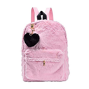 Nite closet Pink Backpack Purse for Women Fluffy Fleece Bags Faux Fur Heart (Pink)