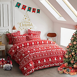 Flysheep Christmas Comforter Set 3 Pieces Twin Size 68x88 inches, Red White Snowflake and Deers Trees Reversible Design, Soft Microfiber Lightweight Bedding Sets for Kids