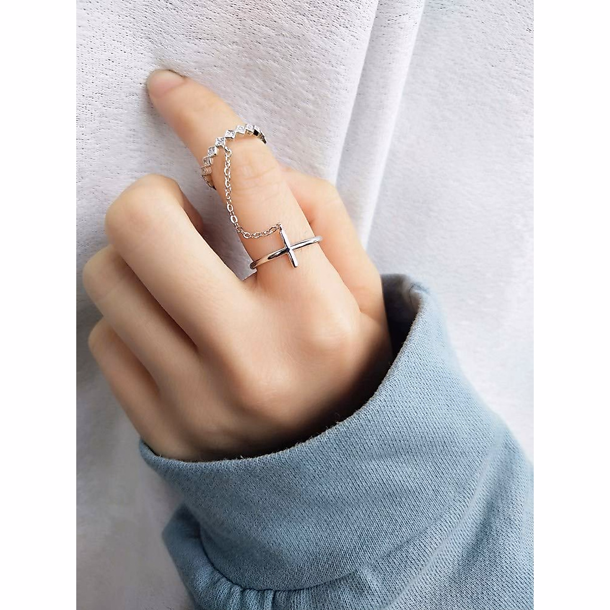 Double Open Cross Faith Rings for Women Silver Plated CZ Geometric Chain Unique knuckle Stacking Finger Adjustable Statement Engagement Ring Gifts for Her Bff Xmas