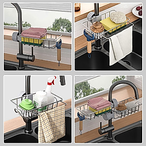 SooGree Kitchen Sink Organizer Over Faucet Sponge Holder,304 Stainless Steel Heavy Duty Thickening Hanging Faucet Drain Rack for Scrubbers,Soap,Bathroom,Detachable Storage Rack(Heighten and Lengthen)