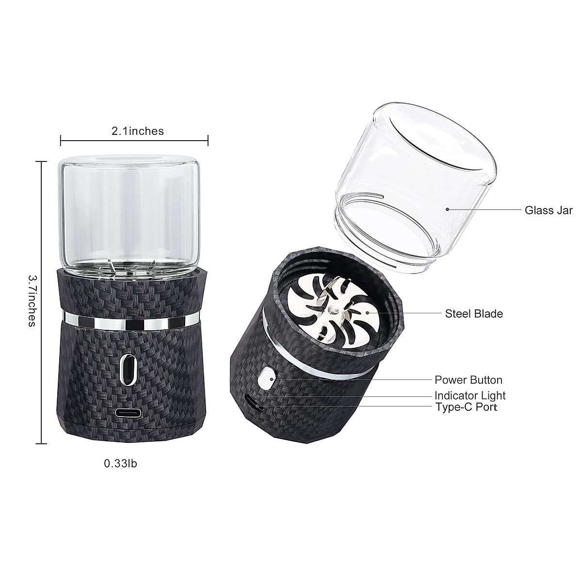 Unique Electric Herb Grinder, Small Spice Grinder Electric herb Grinders Mini Size 2x3.5inches with 2pcs 1.7oz/50ml Glass Jar Herb Jar Portable Grinders Rechargeable Automatic herb Grinder