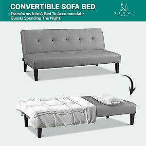 Naomi Home Gray Faux Leather Futon Sofa Bed, Modern Convertible Sofa with Wooden Legs, Reclining Small Couch Bed, Durable and Sturdy, 66'D x 32'W x 31'H
