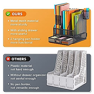 Marbrasse Desk Organizers with File Holder, 3 Vertical Compartments Magazine File Holder with Drawer and 2 Pen Holders, Mesh Desktop File Folder, Rack File Organizer for Home Office