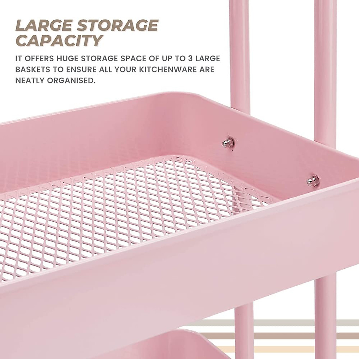 EKKIO 3 Tier Rolling Cart, Book Cart, Lash Cart, Nail Cart, Baby Cart Organizer, Art Cart, Diaper Cart, Pink Rolling Cart Organizer, 3 Tier Cart, Metal Cart, Three Tier Rolling Cart, Makeup Cart