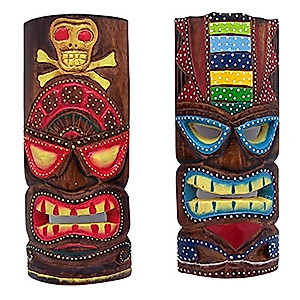 Hand Crafted Polynesian Hawaiian Style Painted Tiki Masks, Wall Décor, Set of 2 Assorted Colors,12 Inches