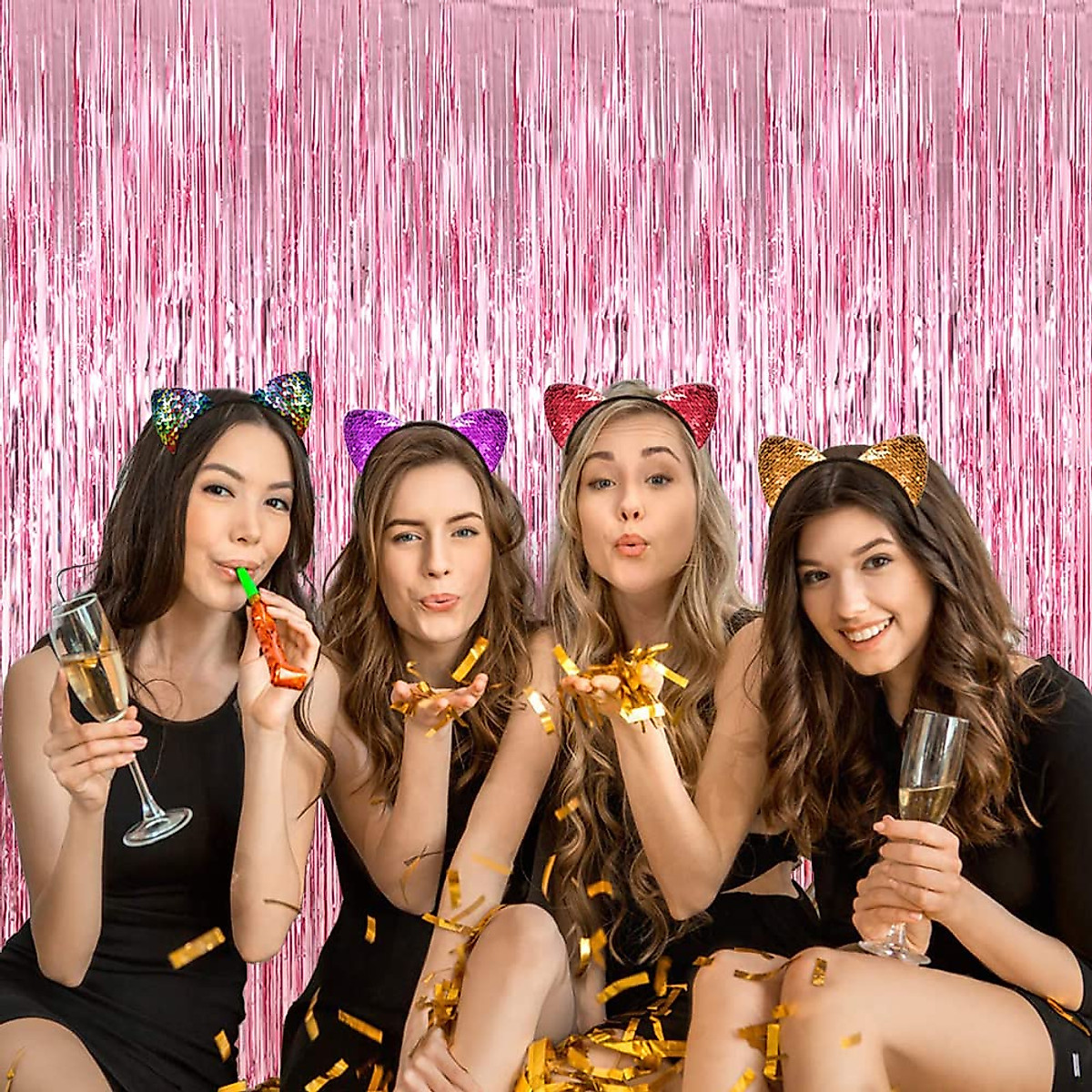 Pink Backdrop Curtain for Party Decorations -6.5x8.2ft, Pack of 2 | LILF Pink Streamers Tinsel with Non-Marking Tape, Foil Fringe Curtain for Birthday Baby Shower Party Supplies Photobooth Props