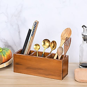 dedoot Wood Remote Holder Desk Pencil Holder, 3 Compartment Brown Wooden Organizer Drawer 3 Section Rustic Remote Control Holder for School, Home and Office Supplies, 9x3x3.4Inches