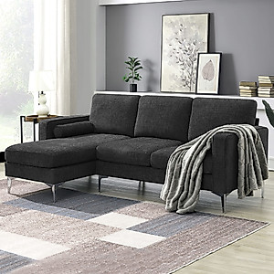 POCIYIHOME 86" Convertible Sectional 2 Pillows, Modern Chenille L-Shaped Couch with Reversible Chaise Lounge, 3-Seater Sofa, Fit for Living Room,Office,Apartment, Polyester, Dark Grey