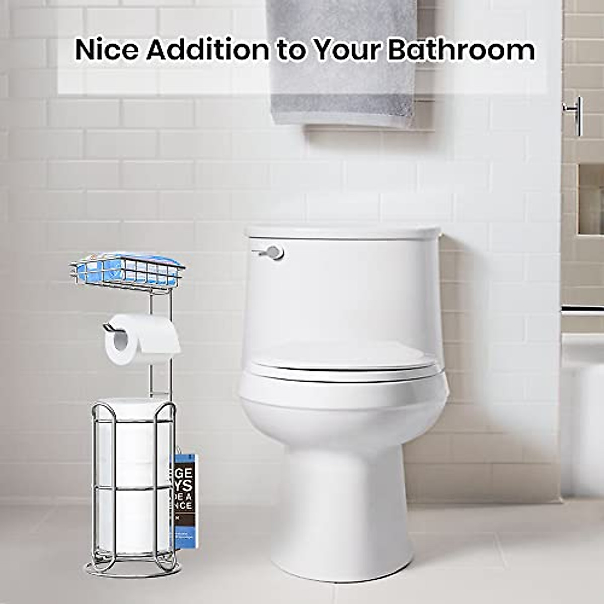 Mega Roll Toilet Paper Holder Stainless Steel Bathroom Tissue Holder Stand TP Dispenser with Phone/Wipe Shelf & Magazine Rack Free Standing-Chrome